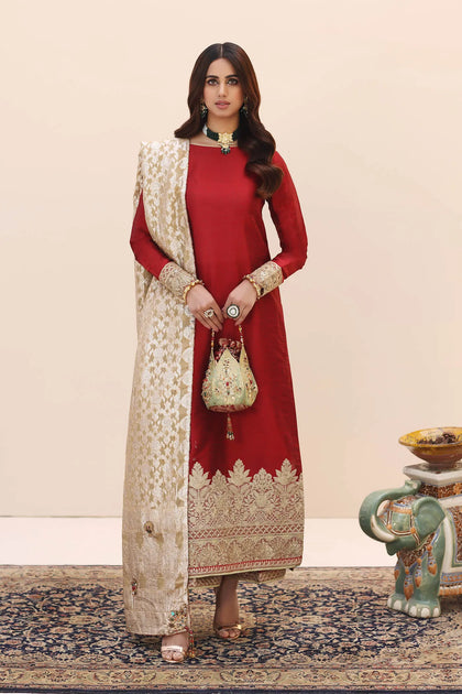 Classic Rose Red Pakistani Salwar Kameez Dupatta Suit Nameera By Farooq