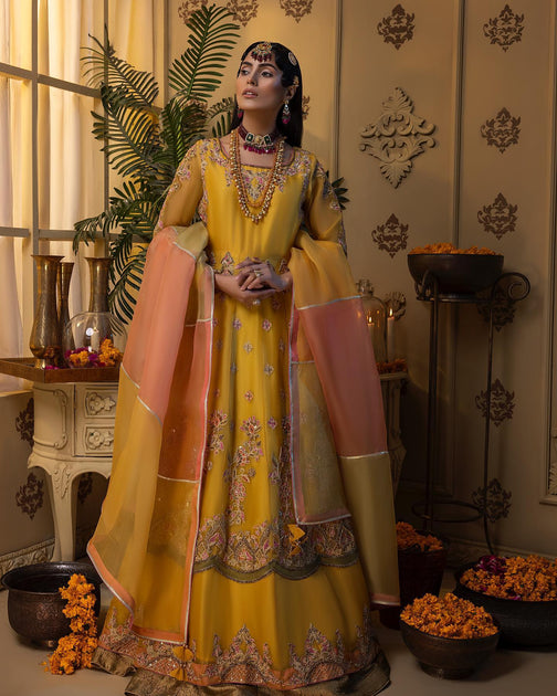 Pakistani Bridal Lehenga and Pishwas Yellow Mehndi Dress – Nameera by Farooq