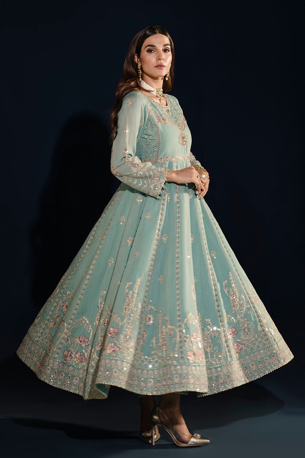 Aqua Blue Embellished Kalidar Frock Pakistani Party Dress – Nameera by ...