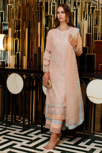 Embellished Peach Pakistani Salwar Kameez with Dupatta – Nameera by Farooq