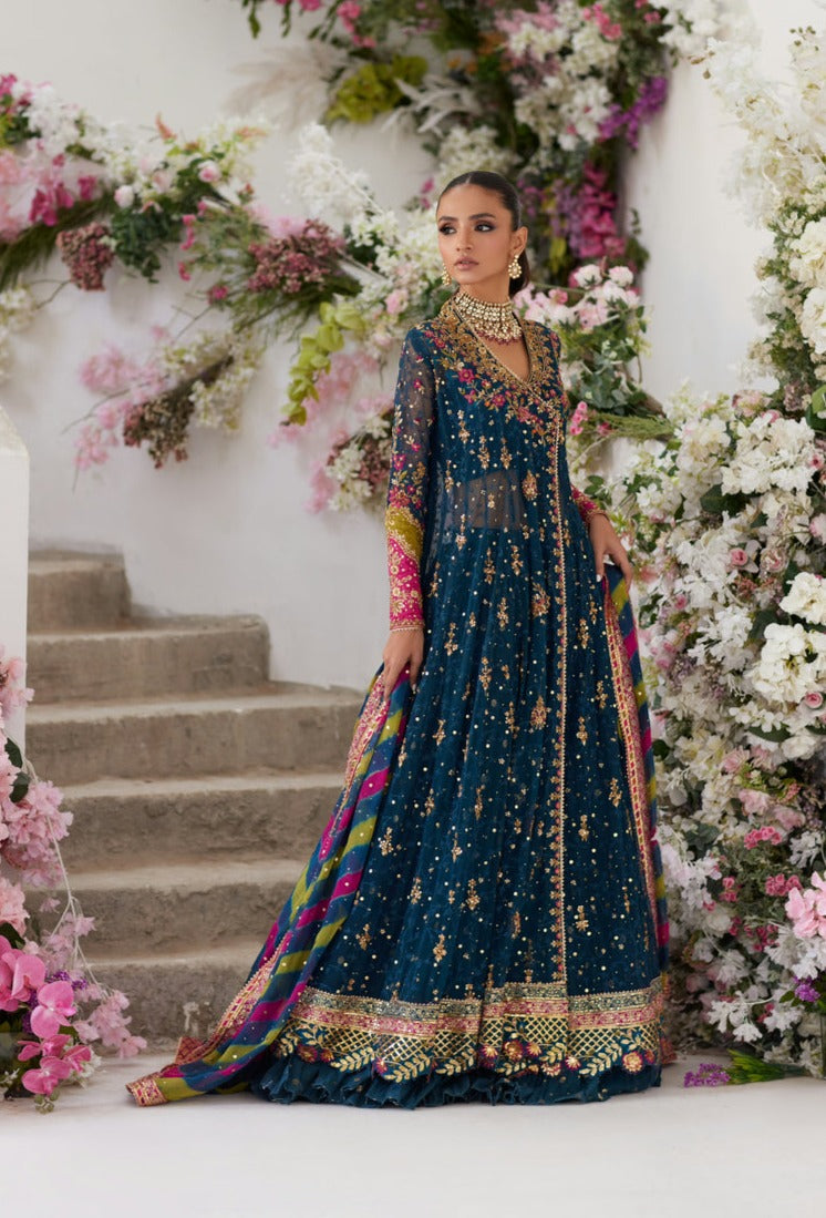 Teal Blue Angrakha and Lehenga Pakistani Wedding Dress – Nameera by Farooq