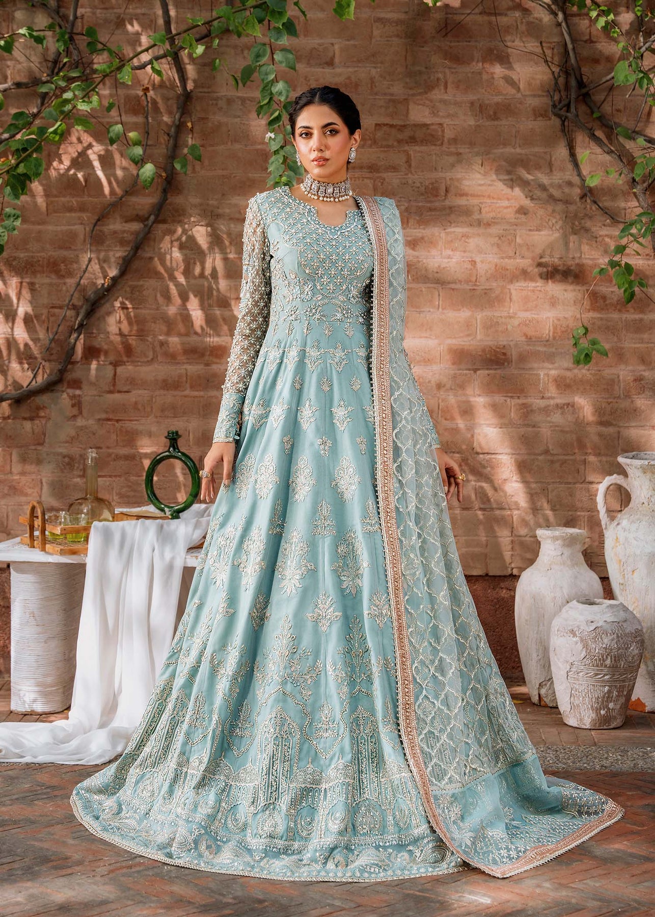 Blue Pakistani Party Dress in Traditional Pishwas Style – Nameera by Farooq