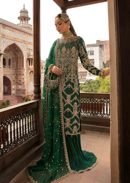 Bottle Green Pakistani Wedding Dress Kameez Sharara – Nameera by Farooq