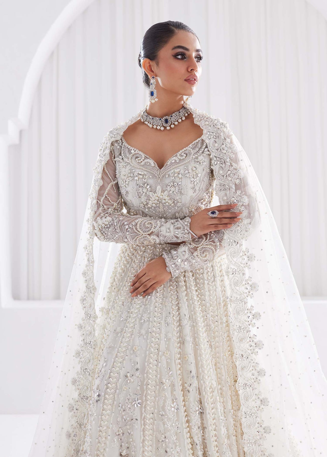 Bridal Lehenga and Choli White Pakistani Wedding Dress – Nameera by Farooq