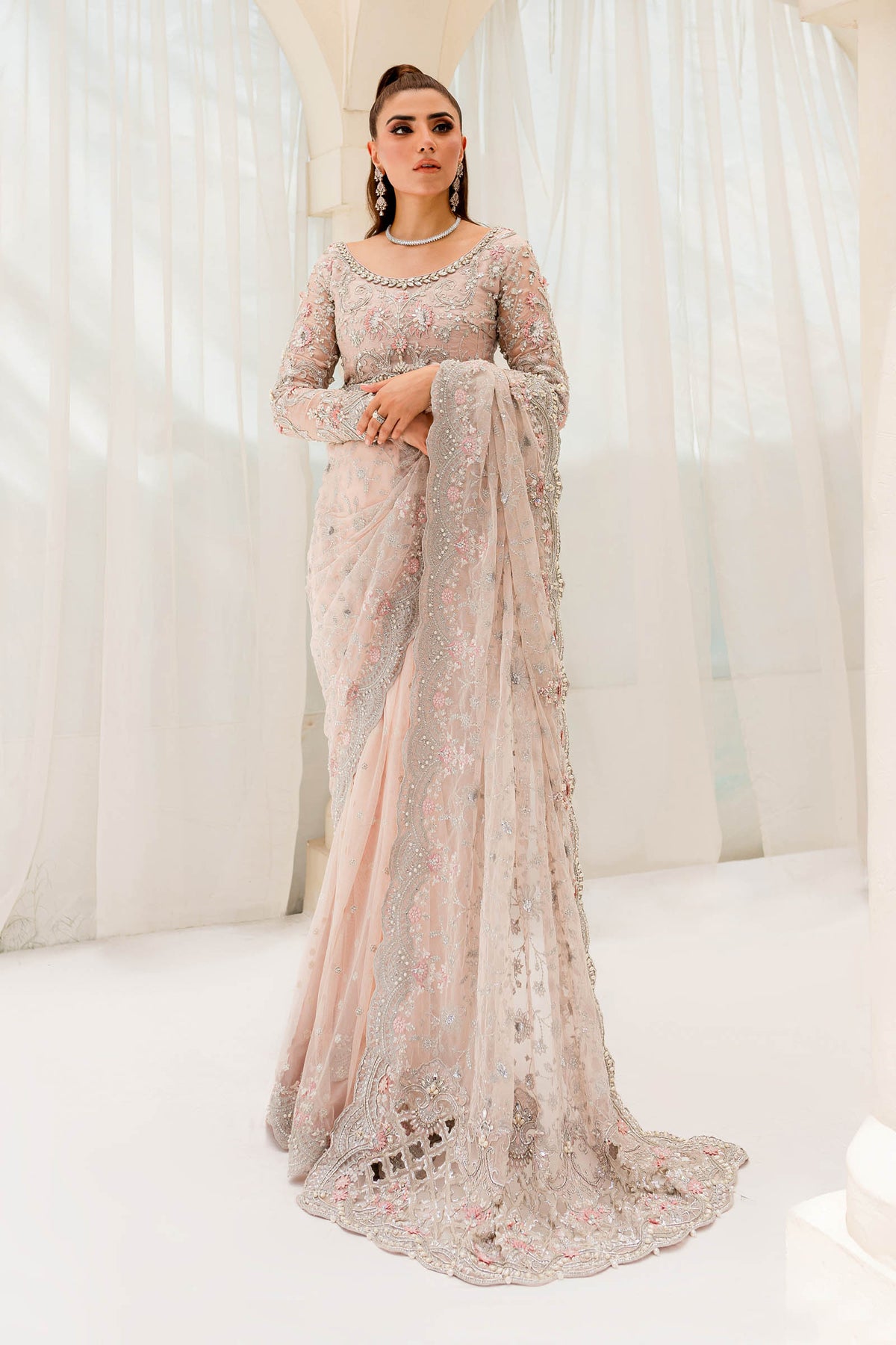 Embellished Bridal Saree Dress in Pink for Wedding – Nameera by Farooq