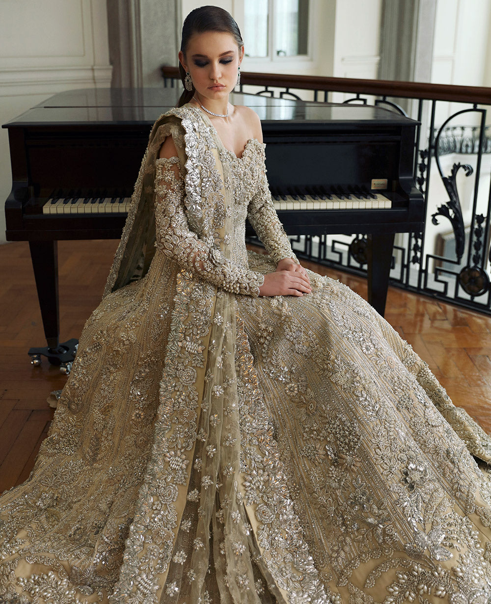 Bridal Wedding Dress in Off Shoulder Gown Dupatta Style – Nameera by Farooq