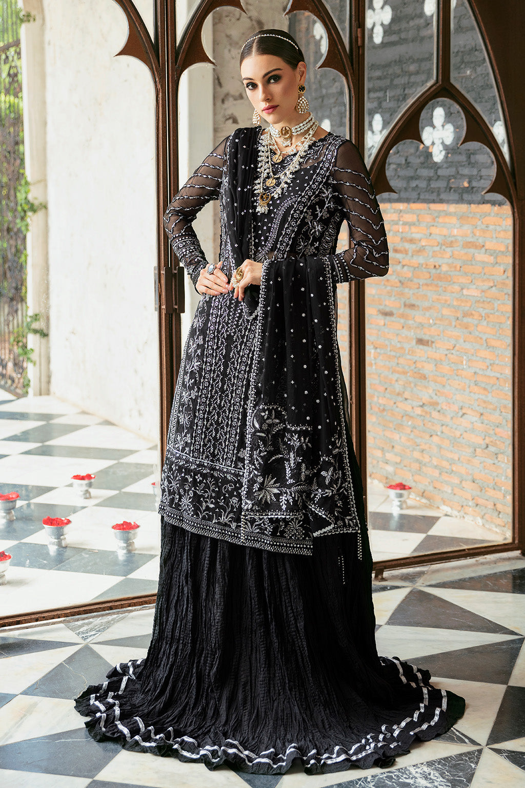 Classic Black Pakistani Wedding Dress Kameez Sharara – Nameera by Farooq