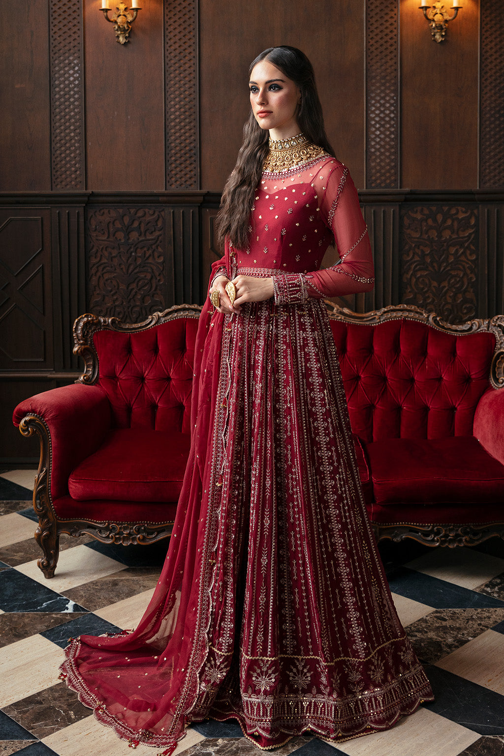 Classic Red Pakistani Wedding Dress in Pishwas Style – Nameera by Farooq