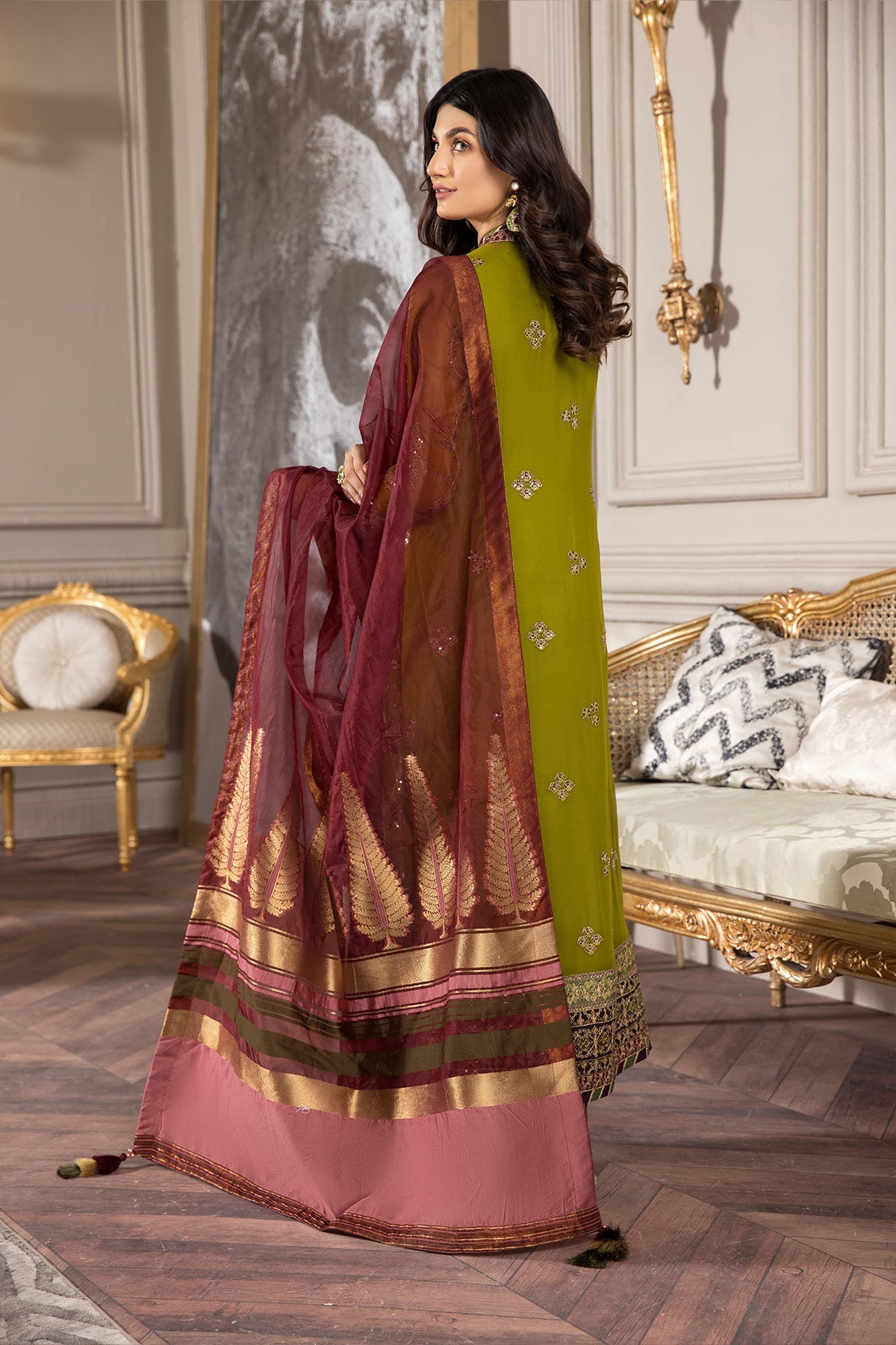 Classic Mehndi Pakistani Embroidered Gown Wedding Dress – Nameera by Farooq