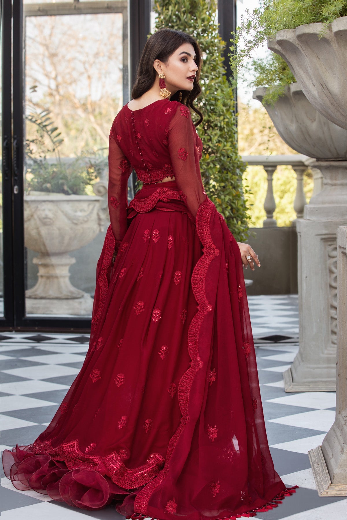Red Pakistani Embroidered Frock Lehenga Wedding Dress – Nameera by Farooq
