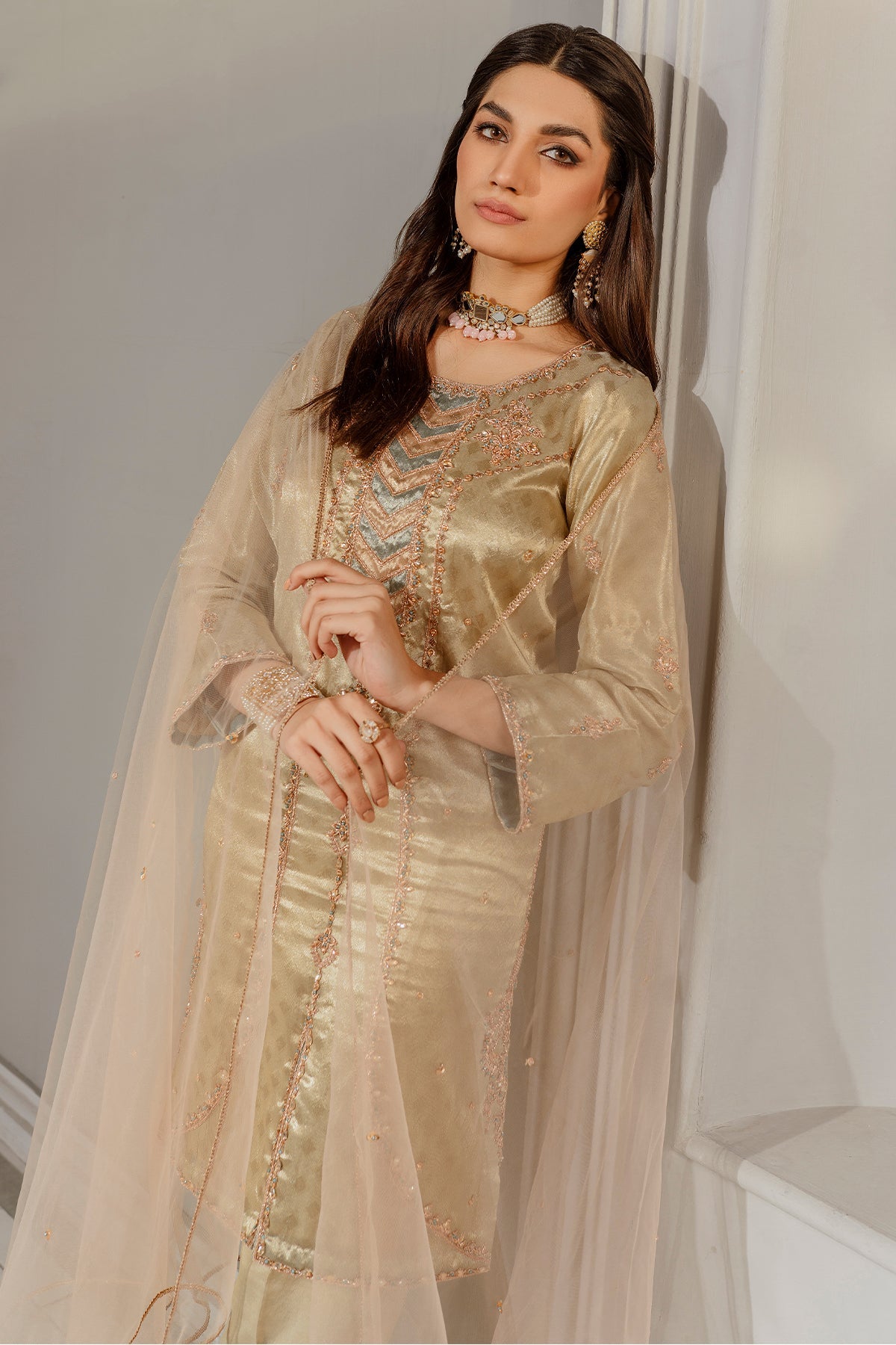 Copper Embroidered Pakistani Salwar Kameez With Dupatta Nameera By Farooq