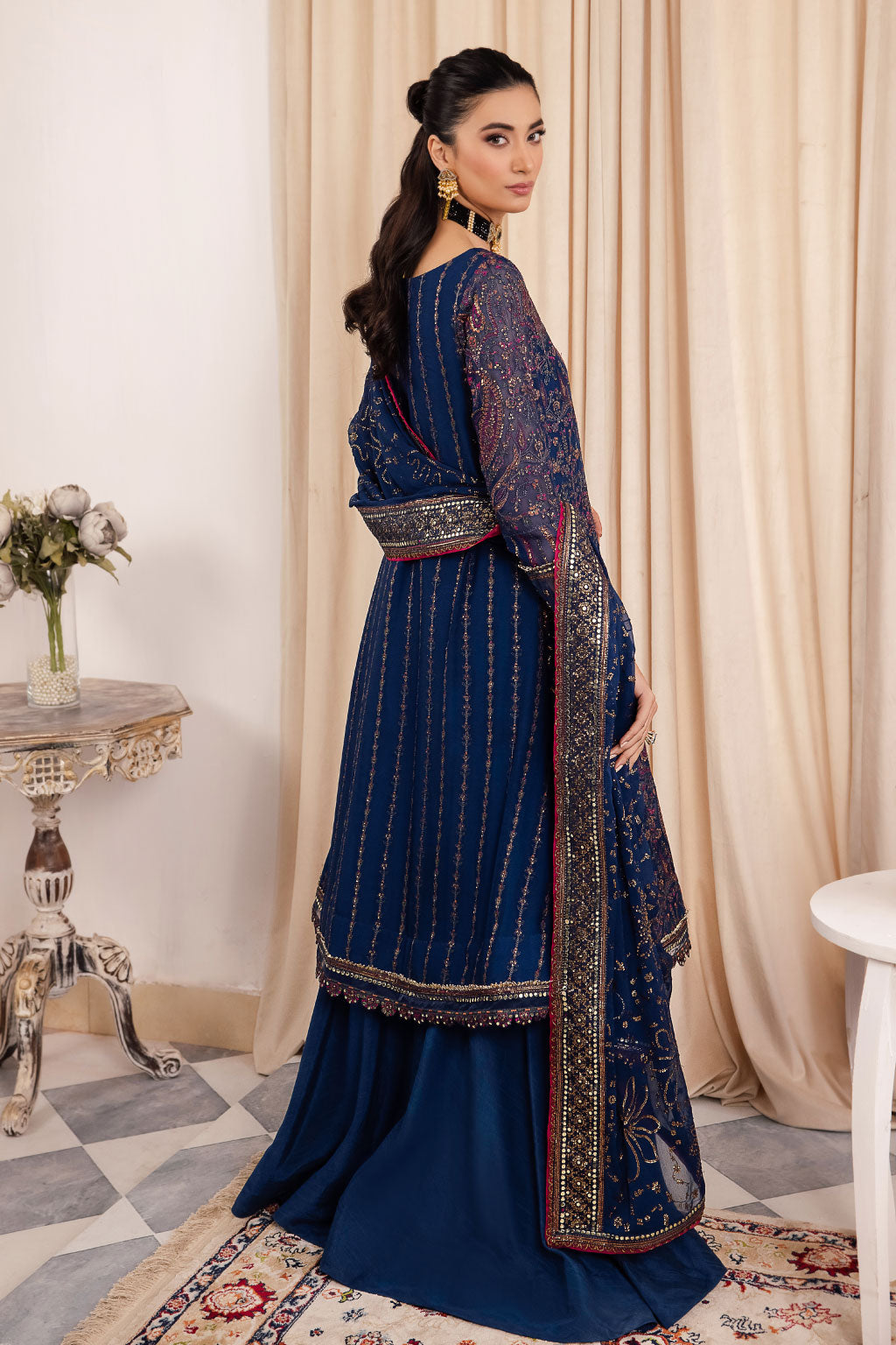 Elegant Royal Blue Pakistani Salwar Suit Kameez Palzo – Nameera by Farooq