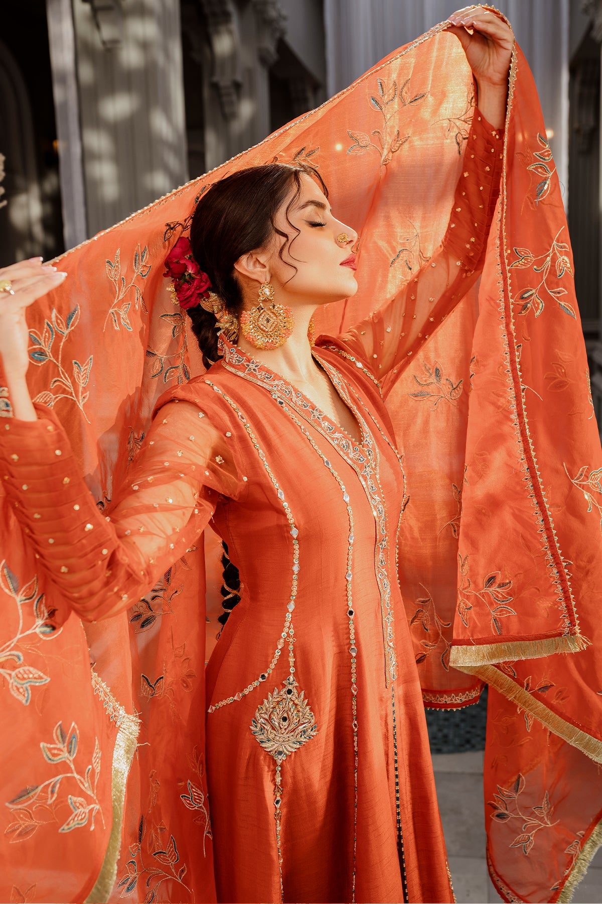 Embroidered Orange Pakistani Frock Dupatta Party Dress – Nameera by Farooq