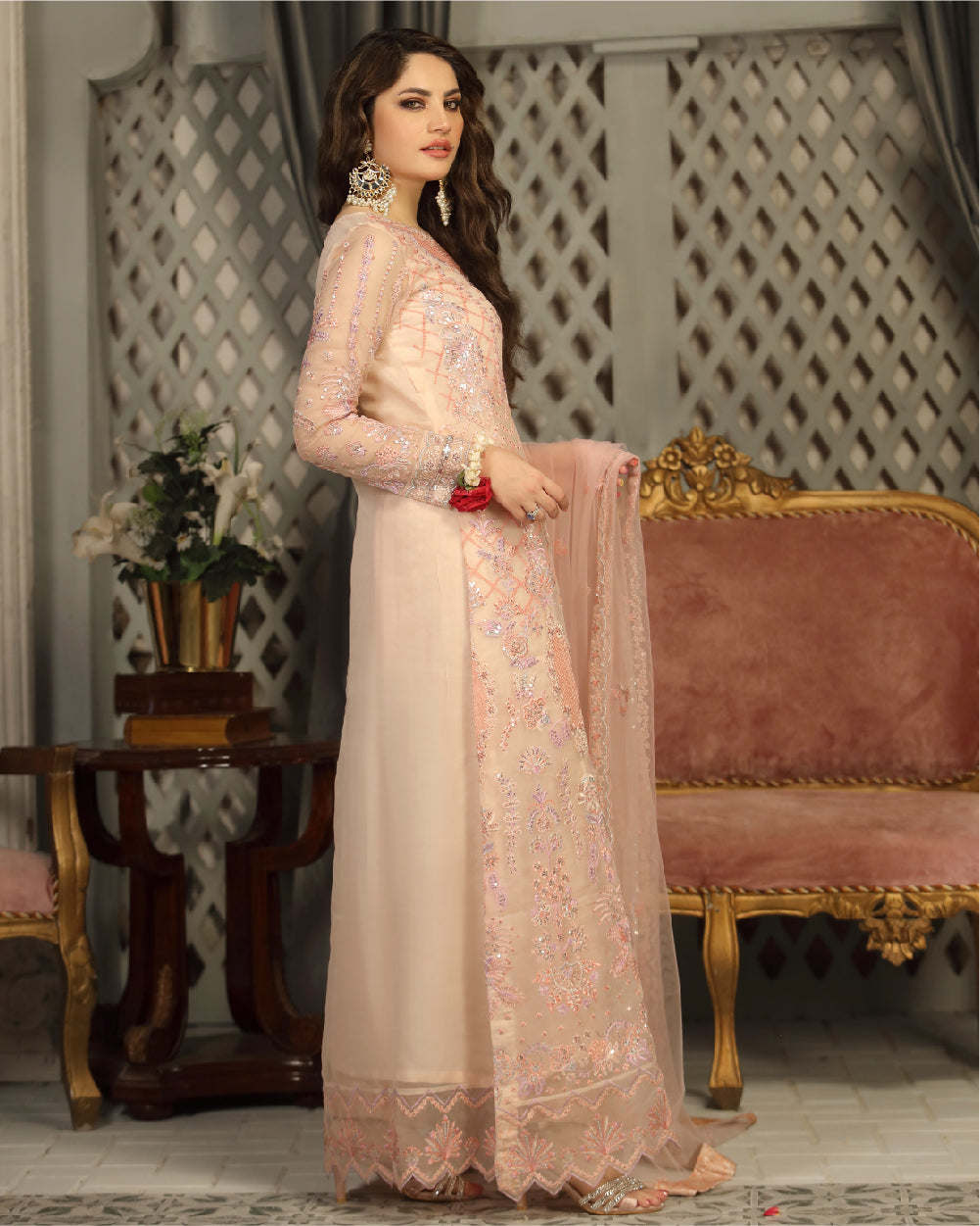 Pakistani Party Dress in Peach Pink Salwar Kameez Style – Nameera by Farooq