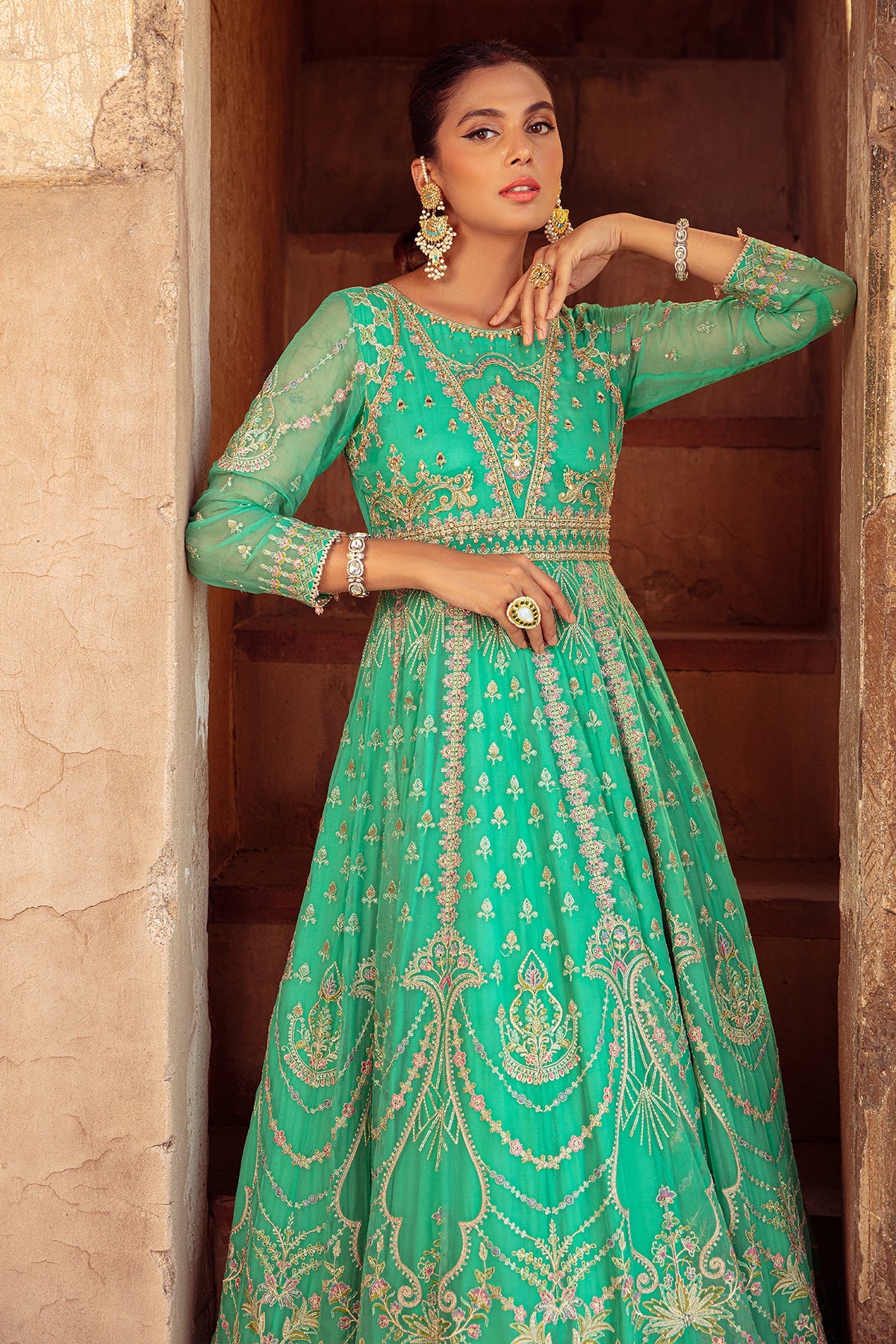 Ferozi Pakistani Wedding Dress in Kalidar Pishwas Style – Nameera by Farooq