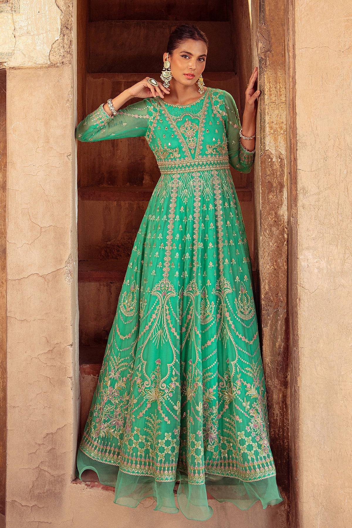 Ferozi Pakistani Wedding Dress in Kalidar Pishwas Style – Nameera by Farooq