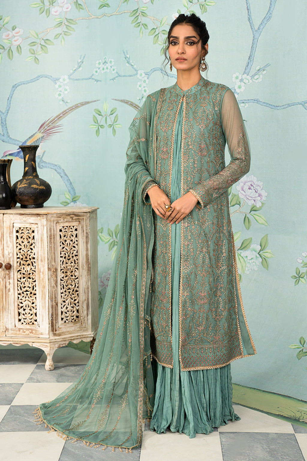 Ferozi Pakistani Party Wear Gown Style Sharara Kameez – Nameera by Farooq