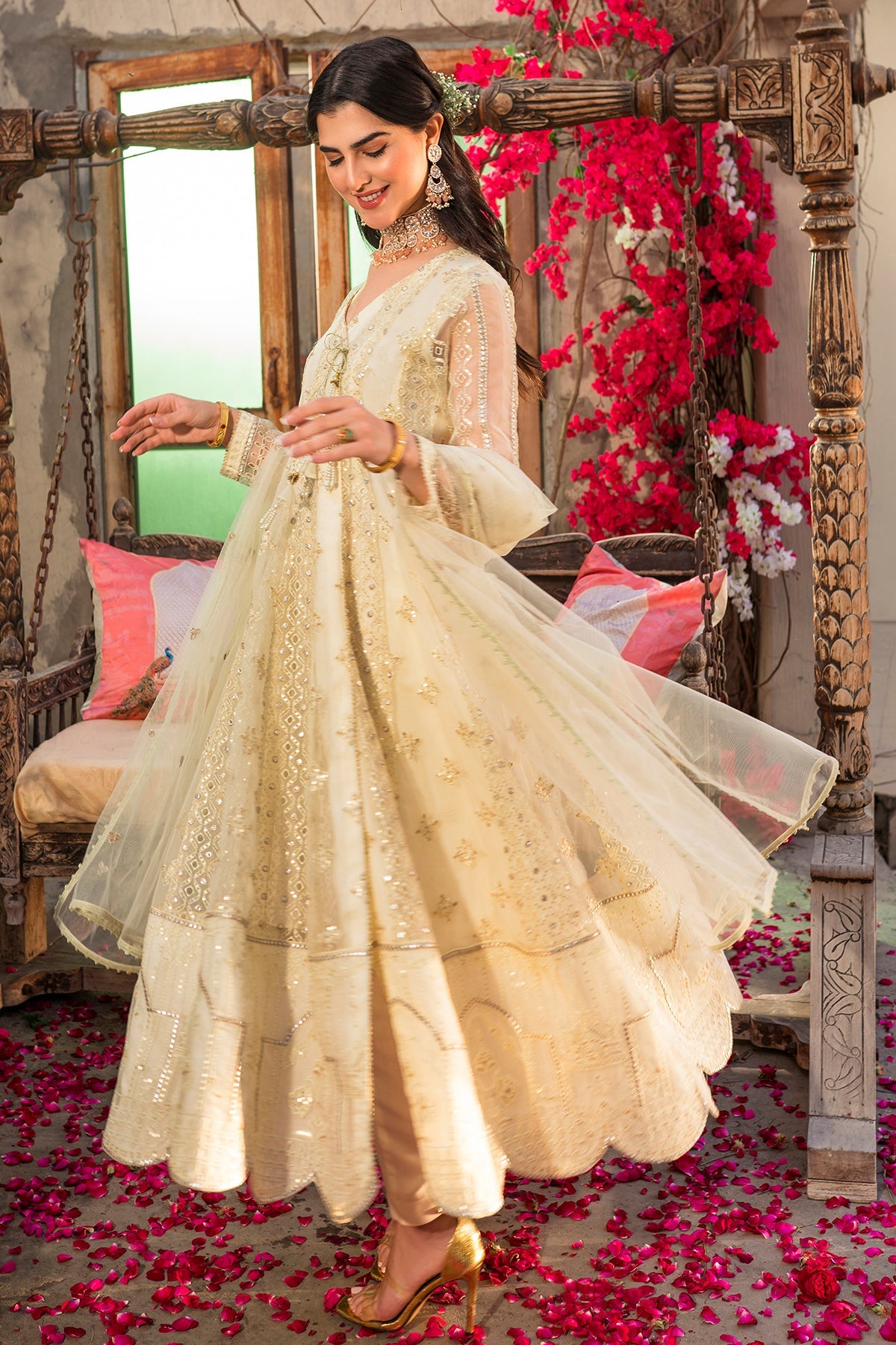Gold White Embellished Angrakha Pakistani Party Dress Nameera By Farooq