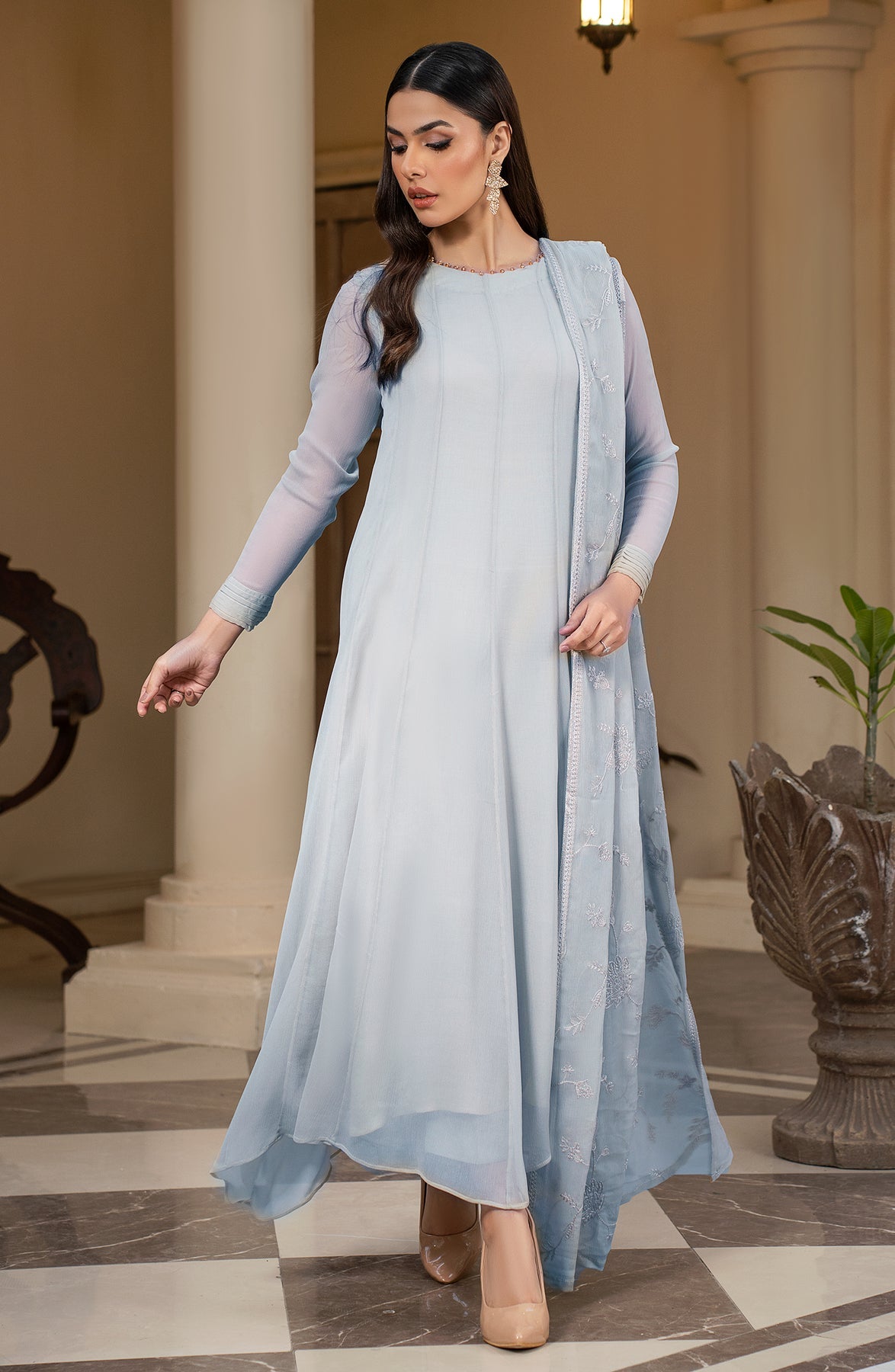 Grayish Shade Pakistani Party Wear Frock Style Dress – Nameera by Farooq