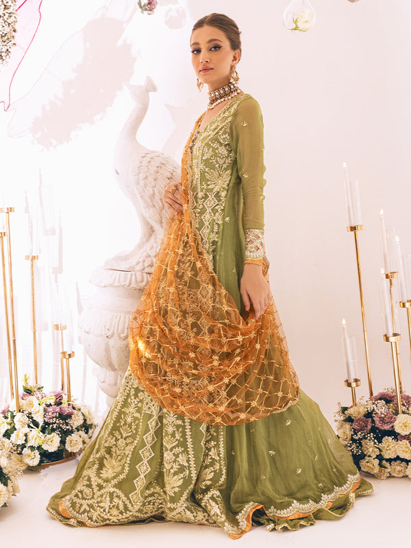 Classic Pakistani Wedding Dress in Mehndi Green Pishwas – Nameera by Farooq