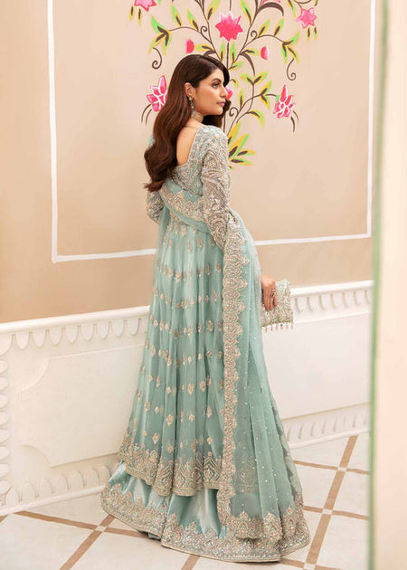 Ice Blue Pakistani Wedding Dress Heavy Flare Pishwas – Nameera by Farooq