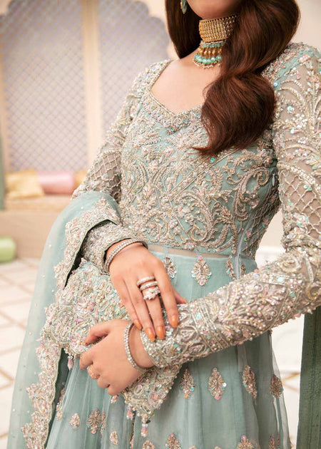 Ice Blue Pakistani Wedding Dress Heavy Flare Pishwas – Nameera by Farooq