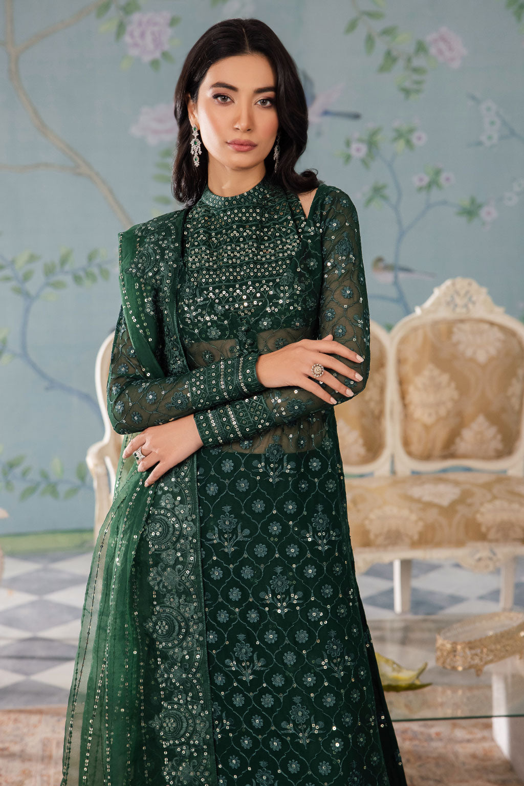 Luxury Bottle Green Pakistani Salwar Suit in Frock Style – Nameera by ...
