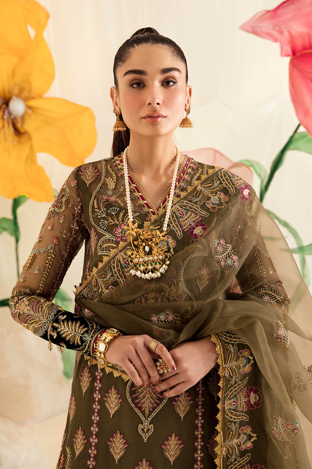 Luxury Mehndi Green Gown Style Pakistani Wedding Dress – Nameera by Farooq