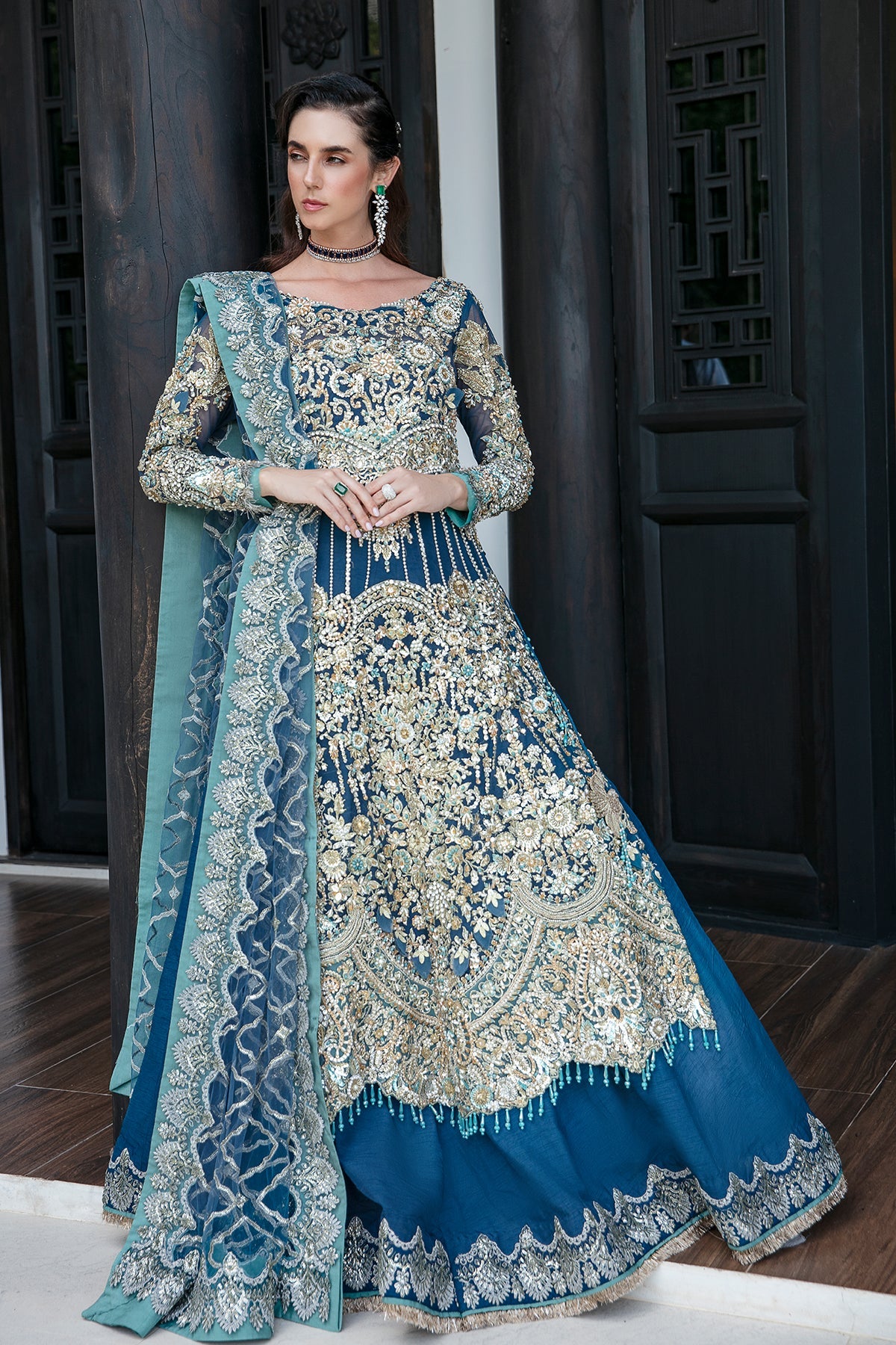 Luxury Pakistani Wedding Dress Gown Pishwas in Blue Shade – Nameera by ...