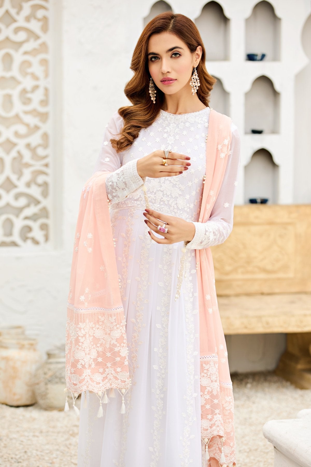 Pearl White Pakistani Embroidered Long Frock Peach Dupatta – Nameera by ...