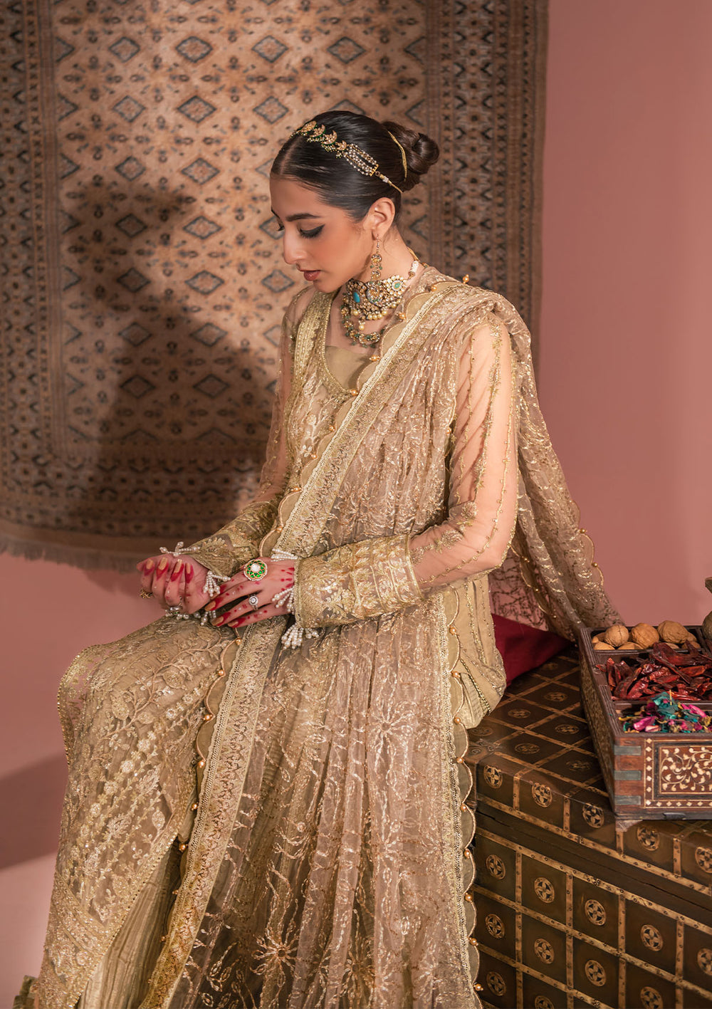 Sparkling Golden Embroidered Pishwas Lehenga Wedding Dress – Nameera by ...