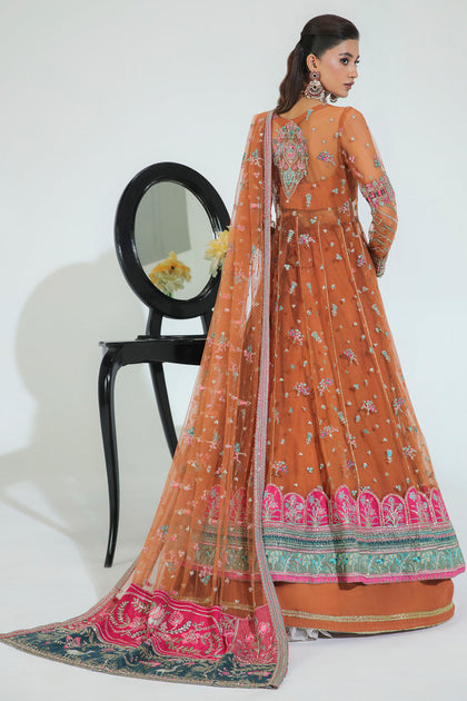 Sunehri Rust Pakistani Wedding Dress in Pishwas Style – Nameera by Farooq