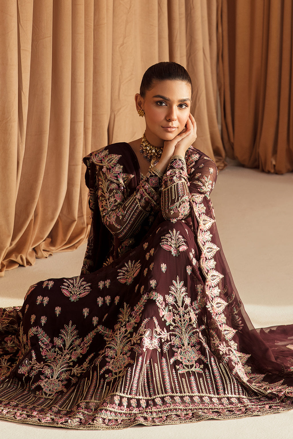 Traditional Brown Pakistani Wedding Dress Pishwas Style – Nameera by Farooq