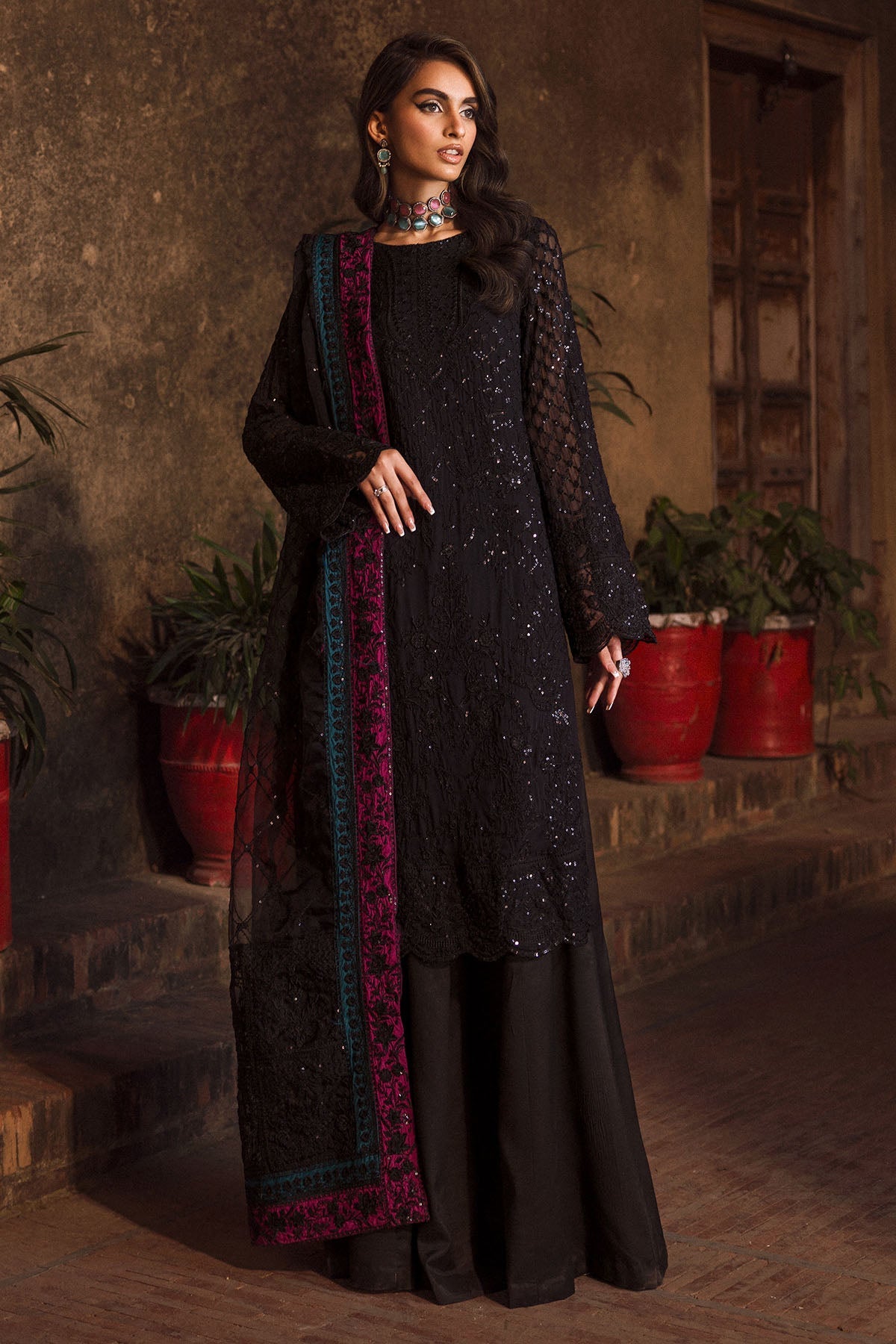 Classic Dark Black Chiffon Pakistani Salwar Kameez – Nameera by Farooq
