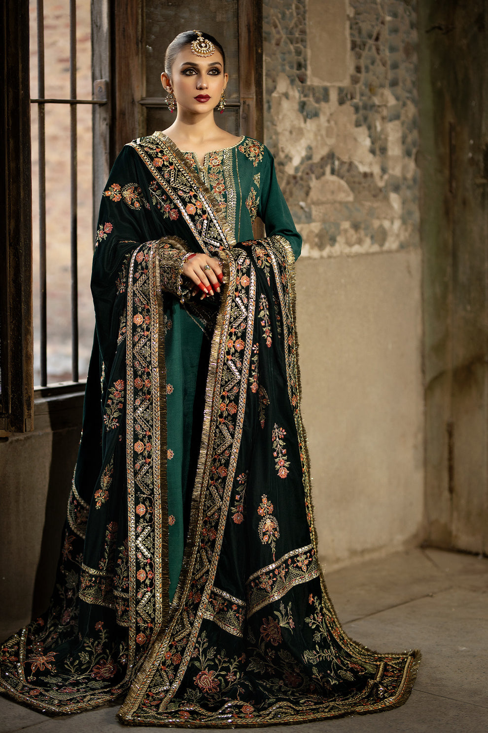 Classic Dark Green Pakistani Wedding Dress Shawl Frock – Nameera by Farooq