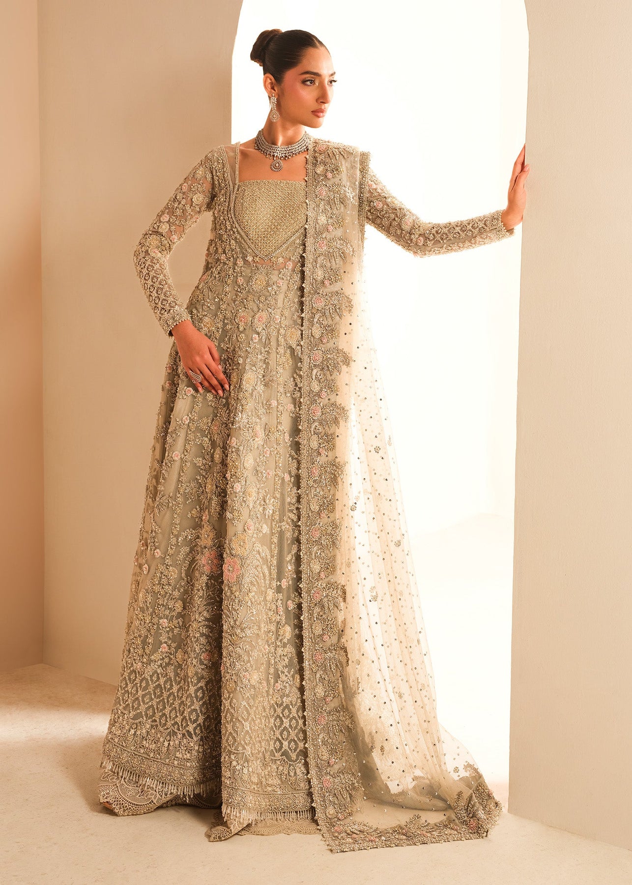 Gown Lehenga Style Silver Grey Pakistani Bridal Dress – Nameera by Farooq