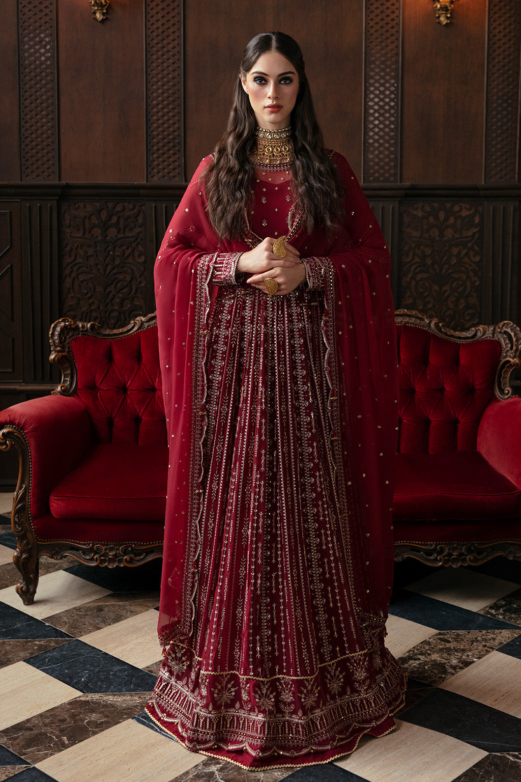 Classic Red Pakistani Wedding Dress in Pishwas Style – Nameera by Farooq