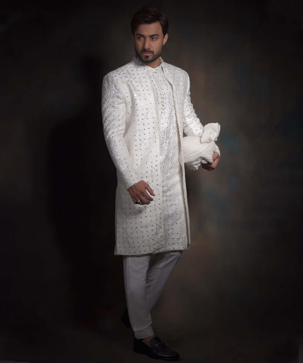 Classic Off White Mirror Work Pakistani Groom Sherwani – Nameera by Farooq
