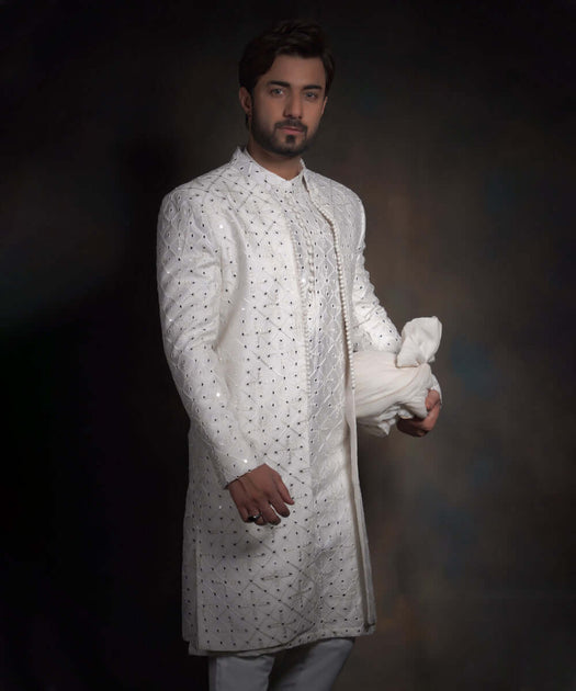 Classic Off White Mirror Work Pakistani Groom Sherwani – Nameera by Farooq