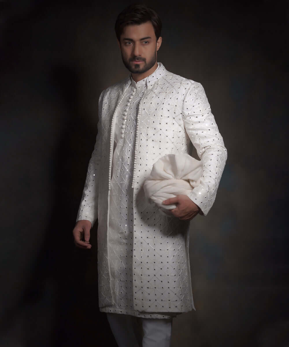Classic Off White Mirror Work Pakistani Groom Sherwani – Nameera by Farooq