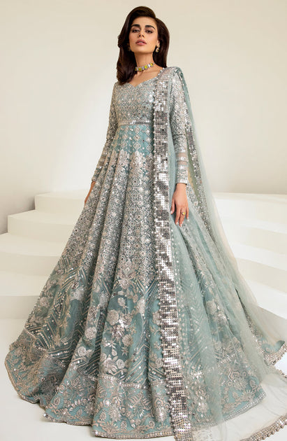 Classic Pakistani Bridal Dress in Blue Pishwas Style – Nameera by Farooq