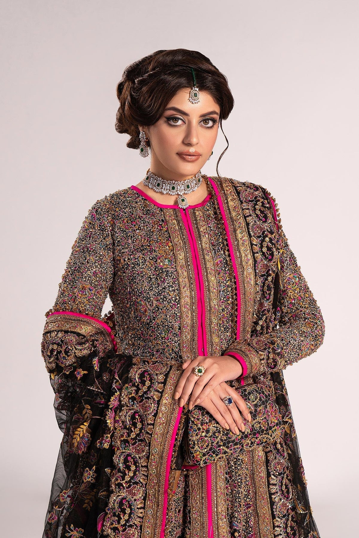 Classic Pakistani Bridal Dress in Open Pishwas Style – Nameera by Farooq