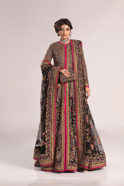 Classic Pakistani Bridal Dress in Open Pishwas Style – Nameera by Farooq