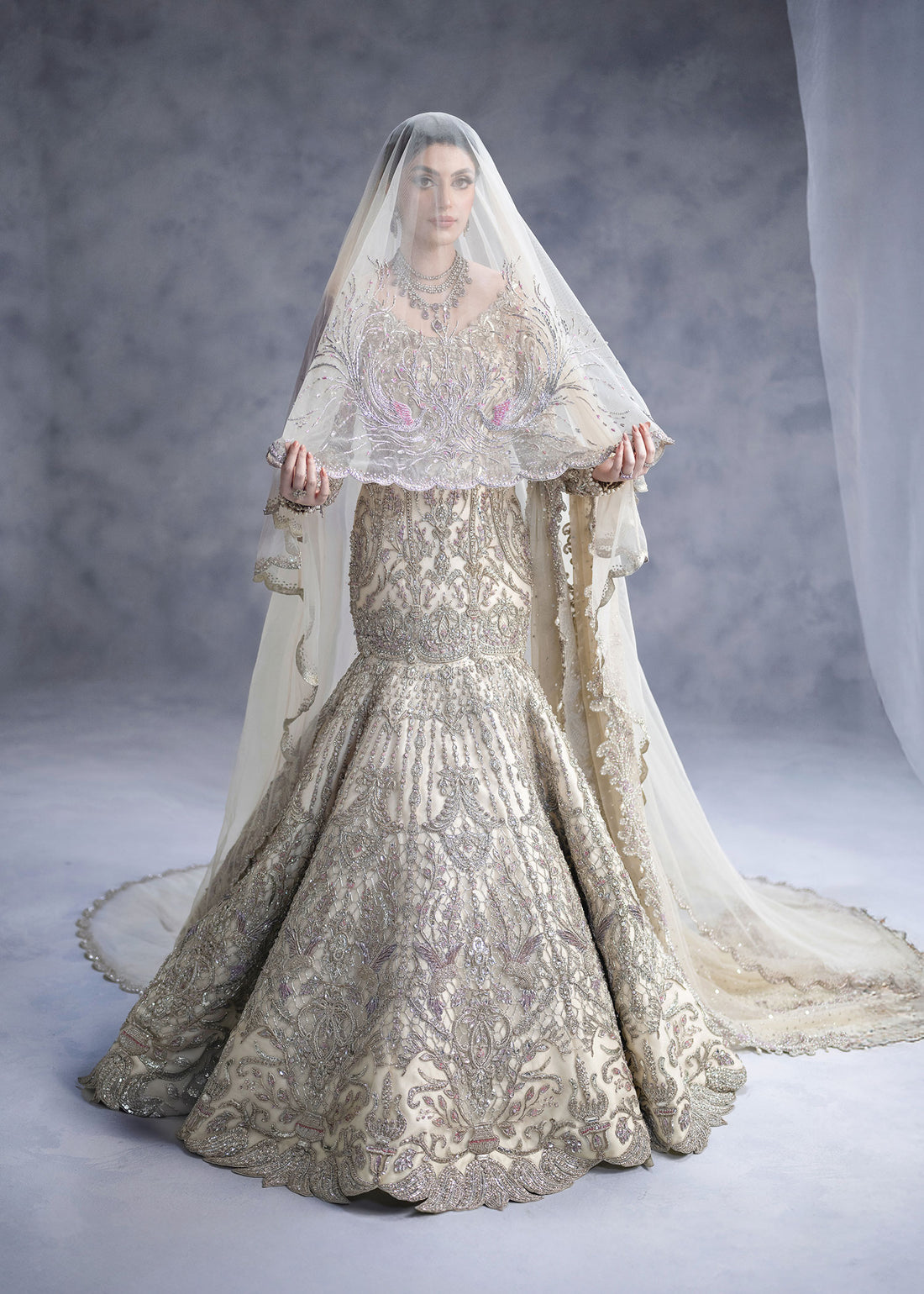 Pakistani Bridal Dress in Wedding Gown Dupatta Style – Nameera by Farooq