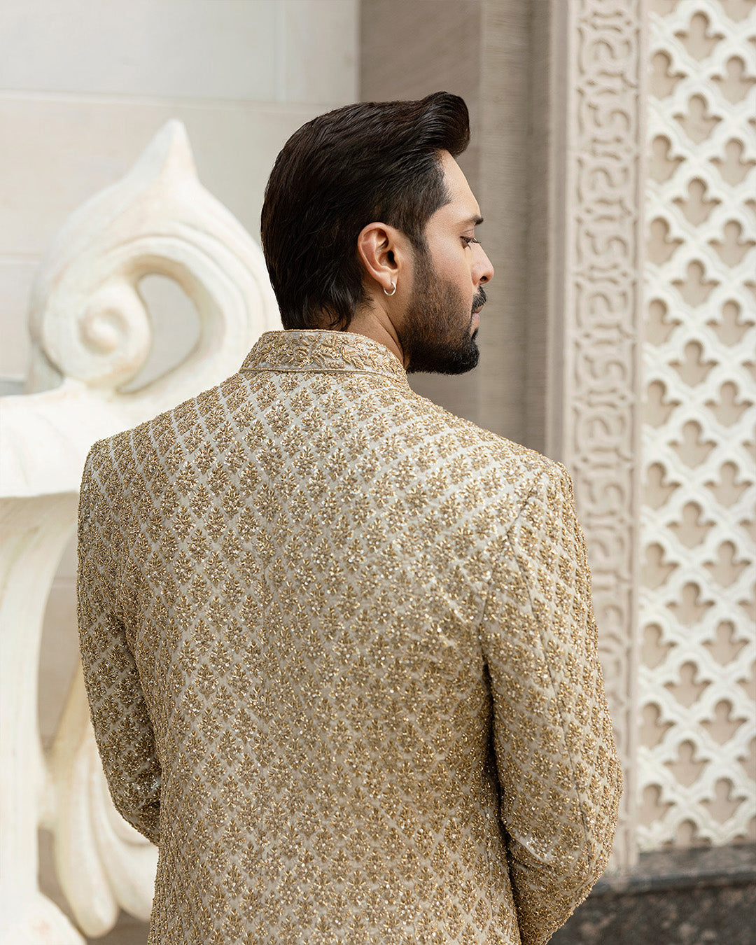 Pakistani Groom Dress in Gold Karandi Sherwani Style – Nameera by Farooq