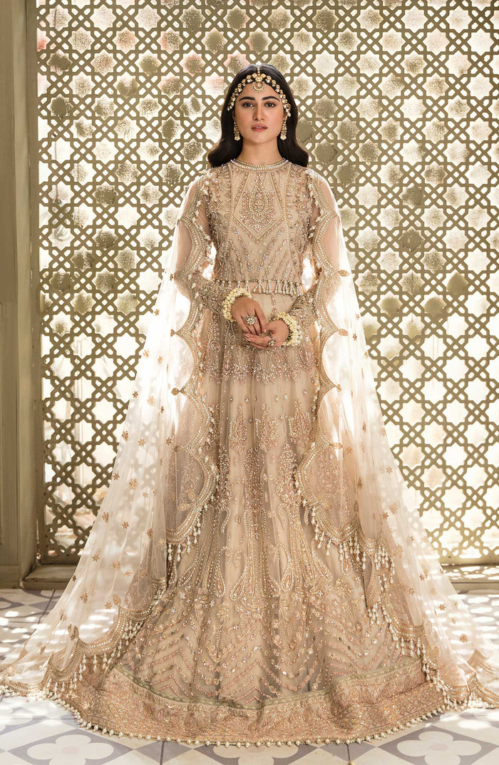 Classic Silver Pakistani Wedding Dress in Pishwas Style – Nameera by Farooq