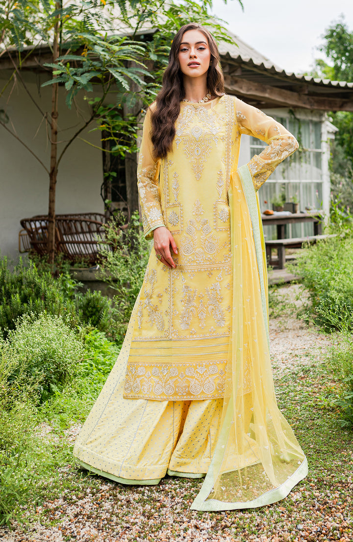 Classic Yellow Pakistani Salwar Kameez in Plazo Style – Nameera by Farooq