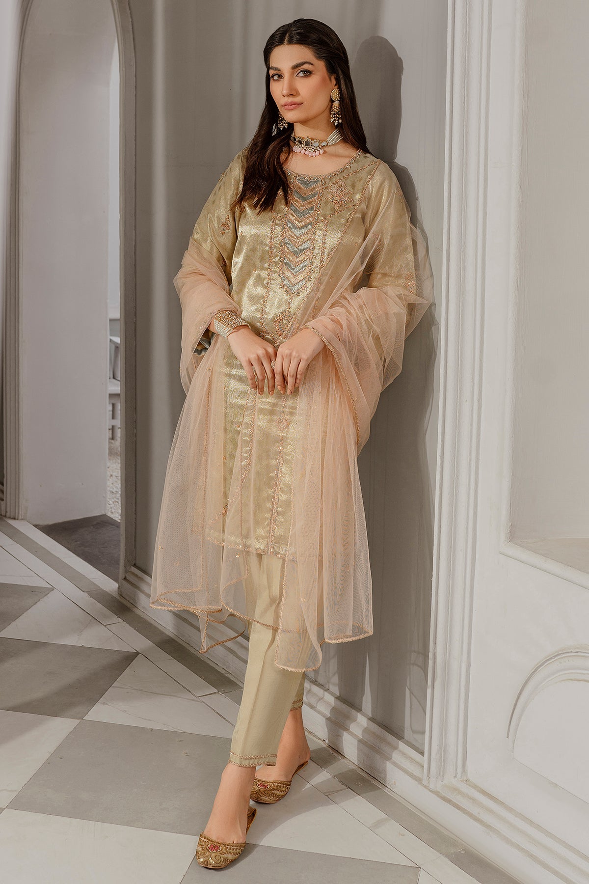 Copper Embroidered Pakistani Salwar Kameez With Dupatta Nameera By Farooq