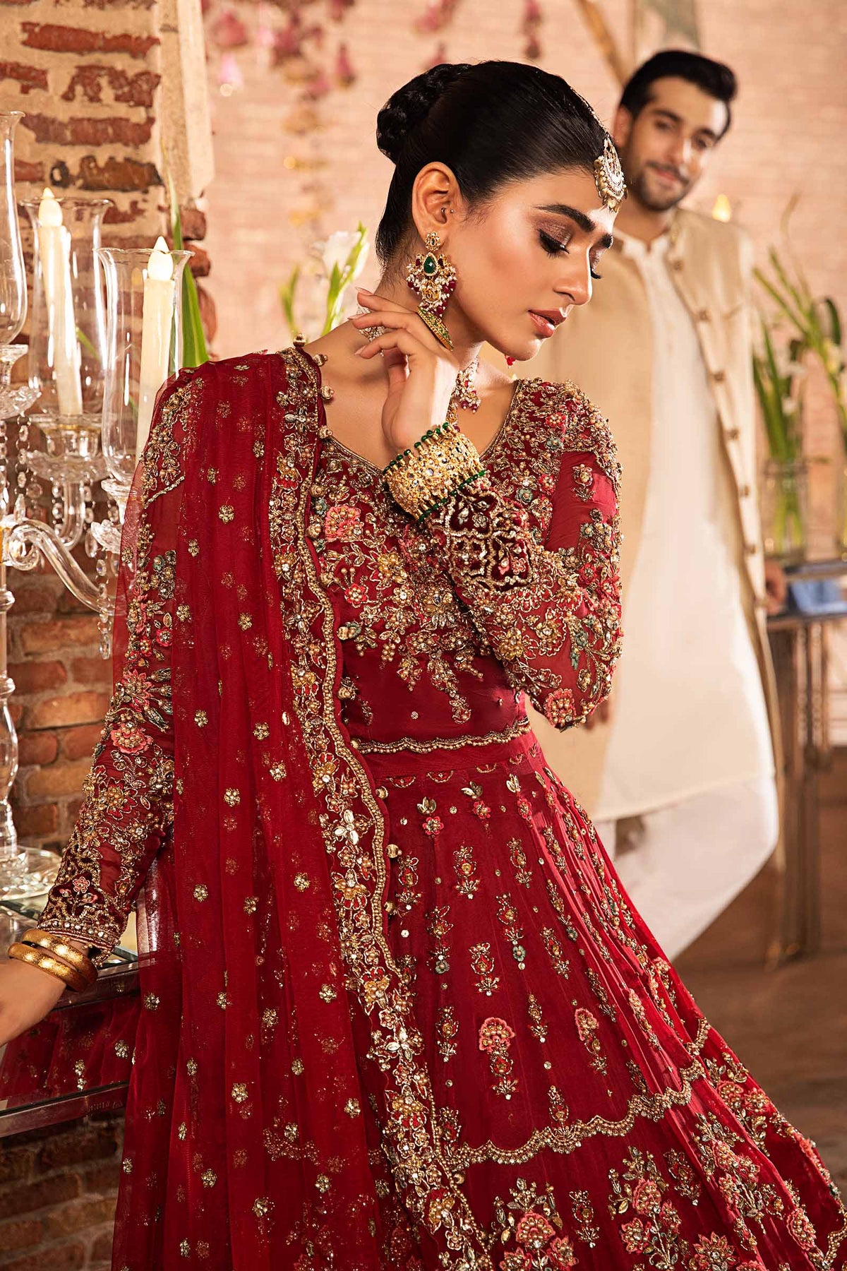 Deep Red Pakistani Bridal Outfit in Choli Lehenga Style – Nameera by Farooq