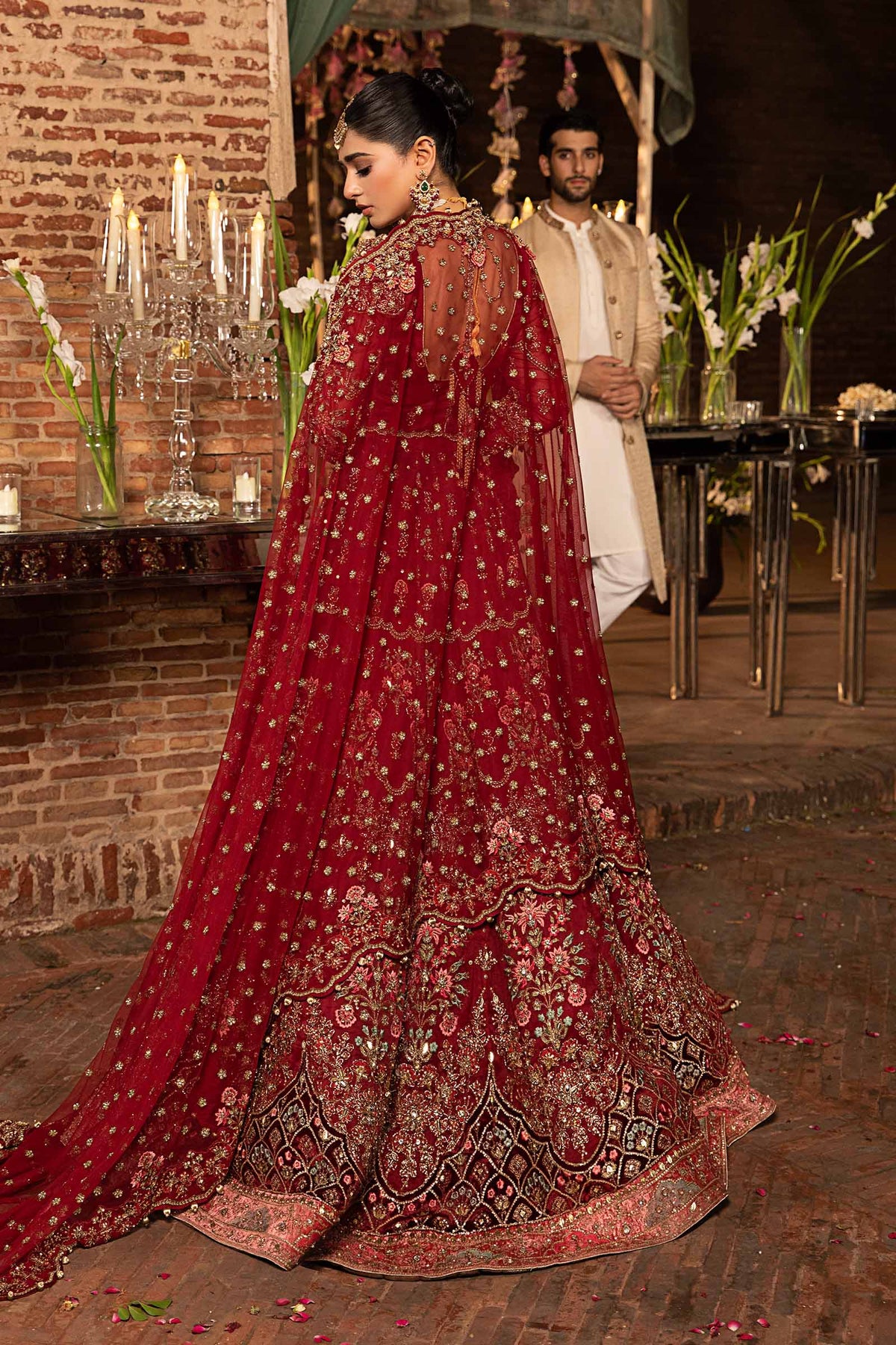 Deep Red Pakistani Bridal Outfit in Choli Lehenga Style – Nameera by Farooq